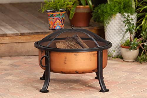 Fire Sense 62342 Lumina Round Wood Burning Fire Pit Copper Finish Steel Fire Bowl Mesh Spark Screen & Screen Lift Tool Included Lightweight Portable Patio & Outdoor Heater - Round - 24" Diameter