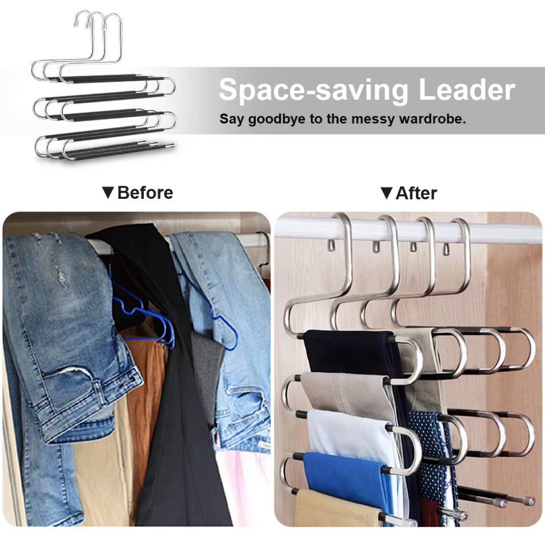 HonTop 3 Pack Pants Hangers S-Shape 5 Layers Stainless Steel with Black Silicone Coating Multi Clothes Cascading Pants Hangers Space Saving Clothes Organizer for Jeans Pants Scarf Ties Towels