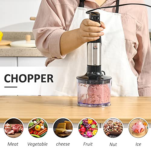 HOMCOM Immersion Hand Blender, 400W 4-in-1 Handheld Stick Blender with Adjustable Speed, 500ml Chopper, Egg Whisk, 800ml Measuring Cup, and Stainless Steel Blades, Silver/Black