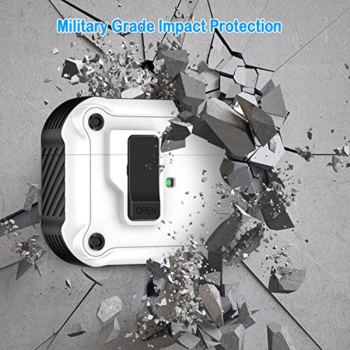 R-fun Airpods Pro 2nd Generation/1st Generation Case Cover with Automatic Snap Switch, Secure Lock Clip Super Protective for Airpods Pro Case (2019/2022) with Keychain for Men Women,White