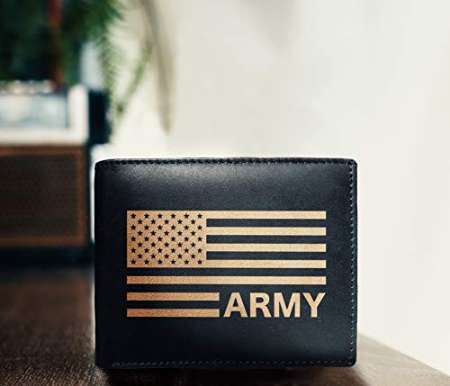 LIAM CARLTON Men's Leather Wallet - US ARMY FLAG - Unique Laser Engraved Slimfold Bifold 14 Pocket