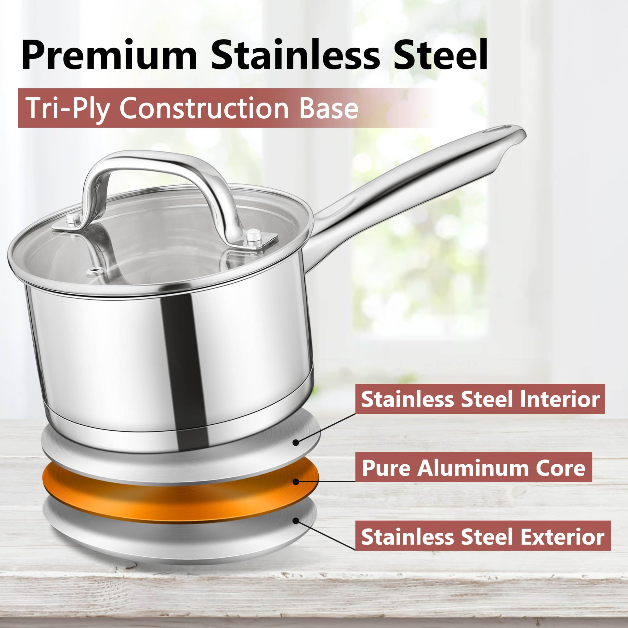 E-far Stainless Steel Saucepan with Lid, 1 Quart Small Sauce Pan Induction Pot for Cooking, Boiling, Compatible with All Stoves, Healthy & Non Toxic, Oven & Dishwasher Safe