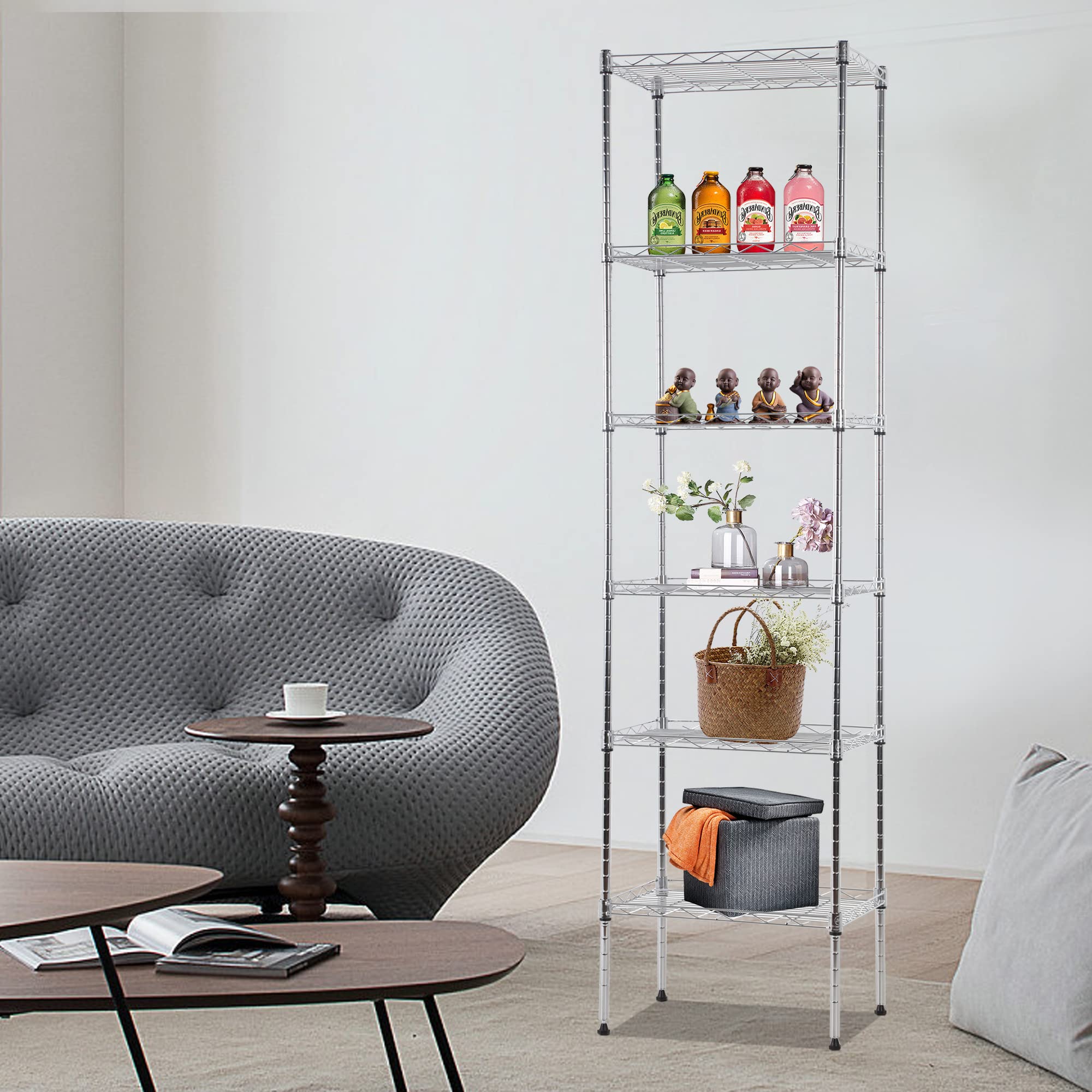 FDW 6 Tier Wire Shelving 17L x 12W x 64H Pantry Shelves Storage Rack Shelving Units Adjustable Metal Shelves for Kitchen Commercial Garage Small Places,Chrome