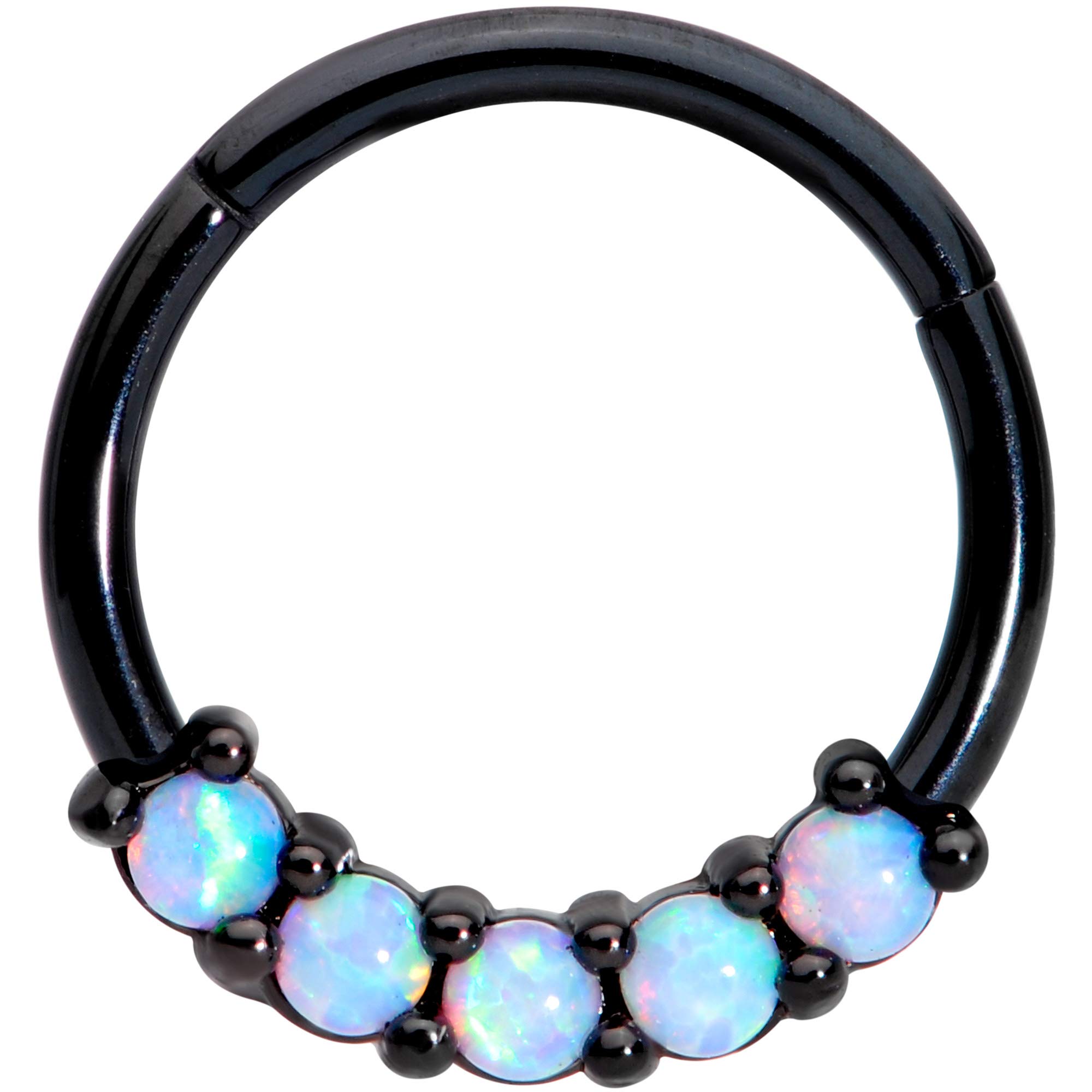 Body Candy 16G Black PVD Steel Hinged Seamless Segment Cartilage Septum White Synthetic Opal Nose Hoop 3/8"
