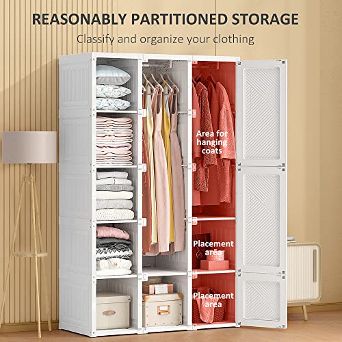 HOMCOM Portable Wardrobe Closet, Bedroom Armoire, Foldable Clothes Organizer with Cube Storage, Hanging Rods, and Magnet Doors, White