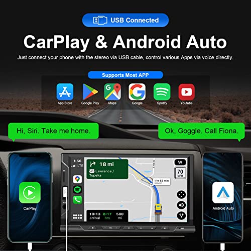 Double Din Car Stereo with CarPlay Android Auto 7 Inch HD Touchscreen Bluetooth Double Din Car Radio with Backup Camera, AM/FM Car Radio Receiver, USB/SD Port, A/V Input, Mirror Link