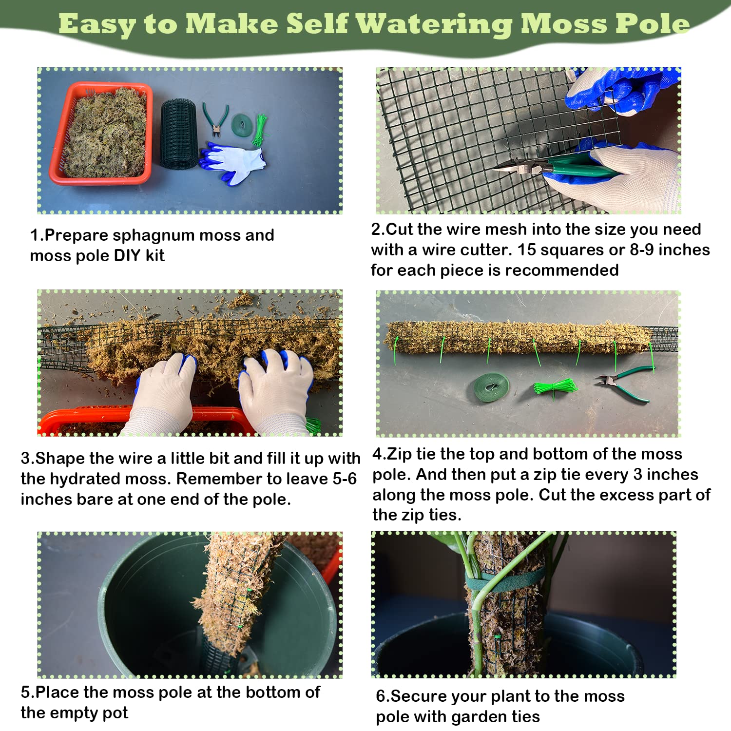 chicarry Moss Pole DIY Kit, Metal Moss Pole for Plants Monstera, 4Pcs 8.3in×3.3ft Steel Moss Pole Mesh with Plier, Cable Ties, Max 7Pcs 23" Sphagnum Moss Pole (13.2FT Wire Mesh with Plier)