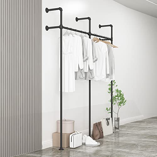 LANJIN Industrial Pipe Clothing Rack On Wall,Moden Wall Mounted Closet Storage Rack,Hanging Clothes Retail Display Rack,Heavy Duty Steampunk Garment Racks,Black & Double A