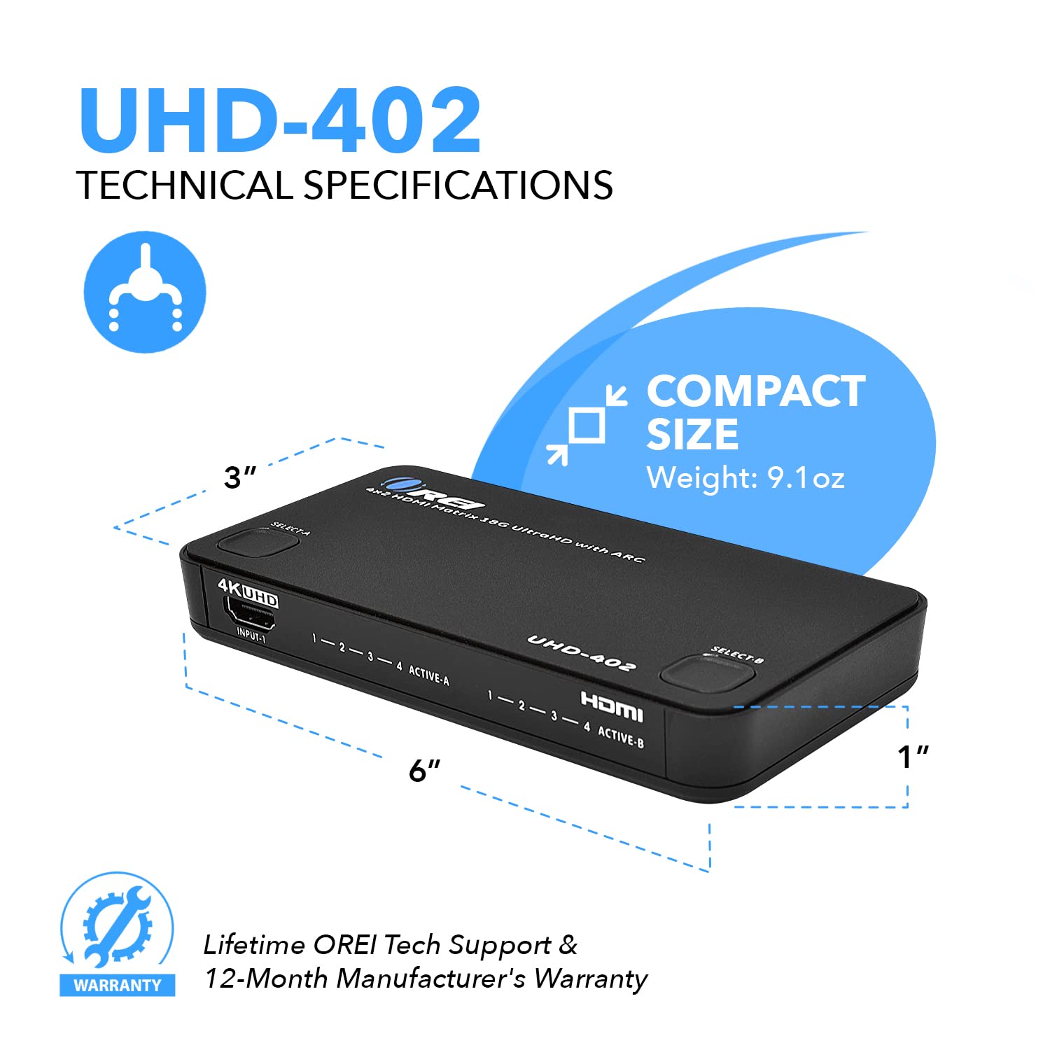 OREI 4K HDMI Matrix Switch 4 X 2, Switcher 18G UltraHD with Arc Supports upto 4K @ 60Hz & 1080P IR Remote Control - Full Matrix Selection (UHD-402)