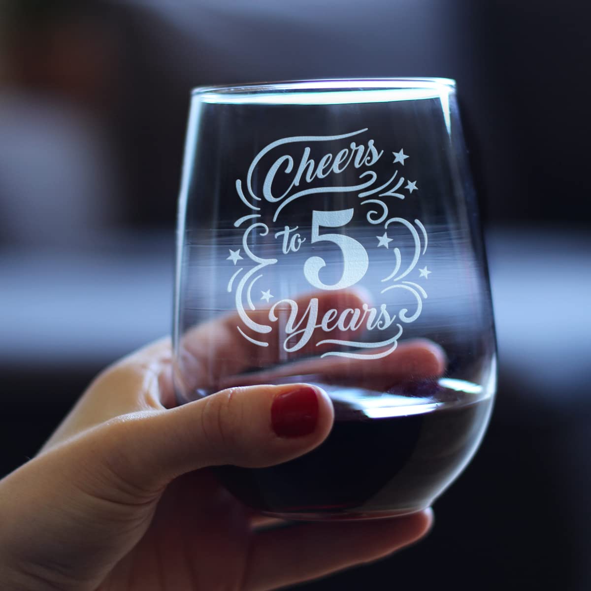 Cheers to 5 Years - Stemless Wine Glass Gifts for Women & Men - 5th Anniversary Party Decor - Large 17 Oz Glasses