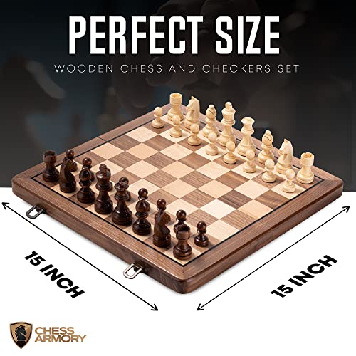 Chess Armory Premium Checkers and Chess Set - Wooden Board Game with a Portable Wood Case and Secure Storage for Pieces, Set for Kids and Adults (Walnut Wood)