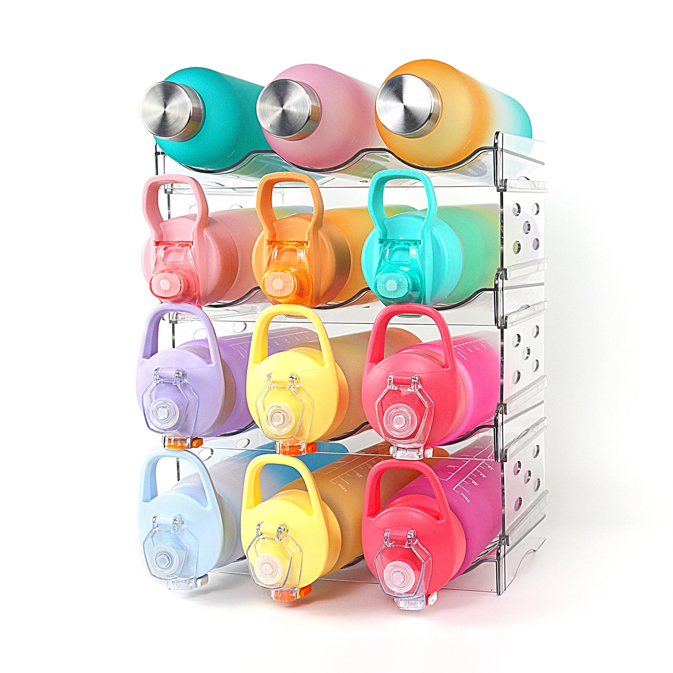 clbutge Water Bottle Organizer for Cabinet, 4 Pack Stackable Water Bottle Storage Rack, Kitchen Pantry Organization and Storage Shelf, Wine Drink Water Bottle Cup Holder for Fridge, Kitchen, Desktop