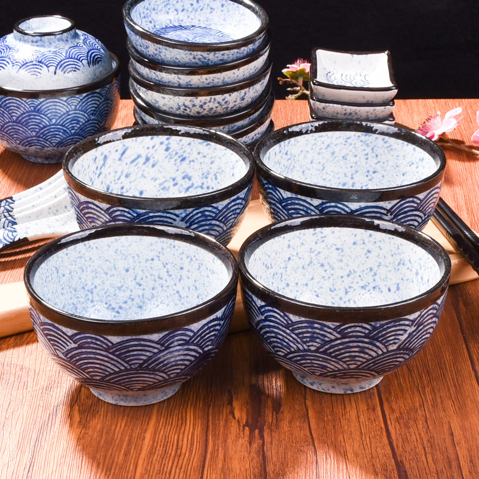 Cerficer Japanese Rice Bowl - 10.2oz Ceramic Sushi Bowl with Blue Wave Pattern,Thickened Bowl Wall,Perfect Small Bowl for Rice, Snacks, Desserts, and Sauces,Asian Rice Bowl Set