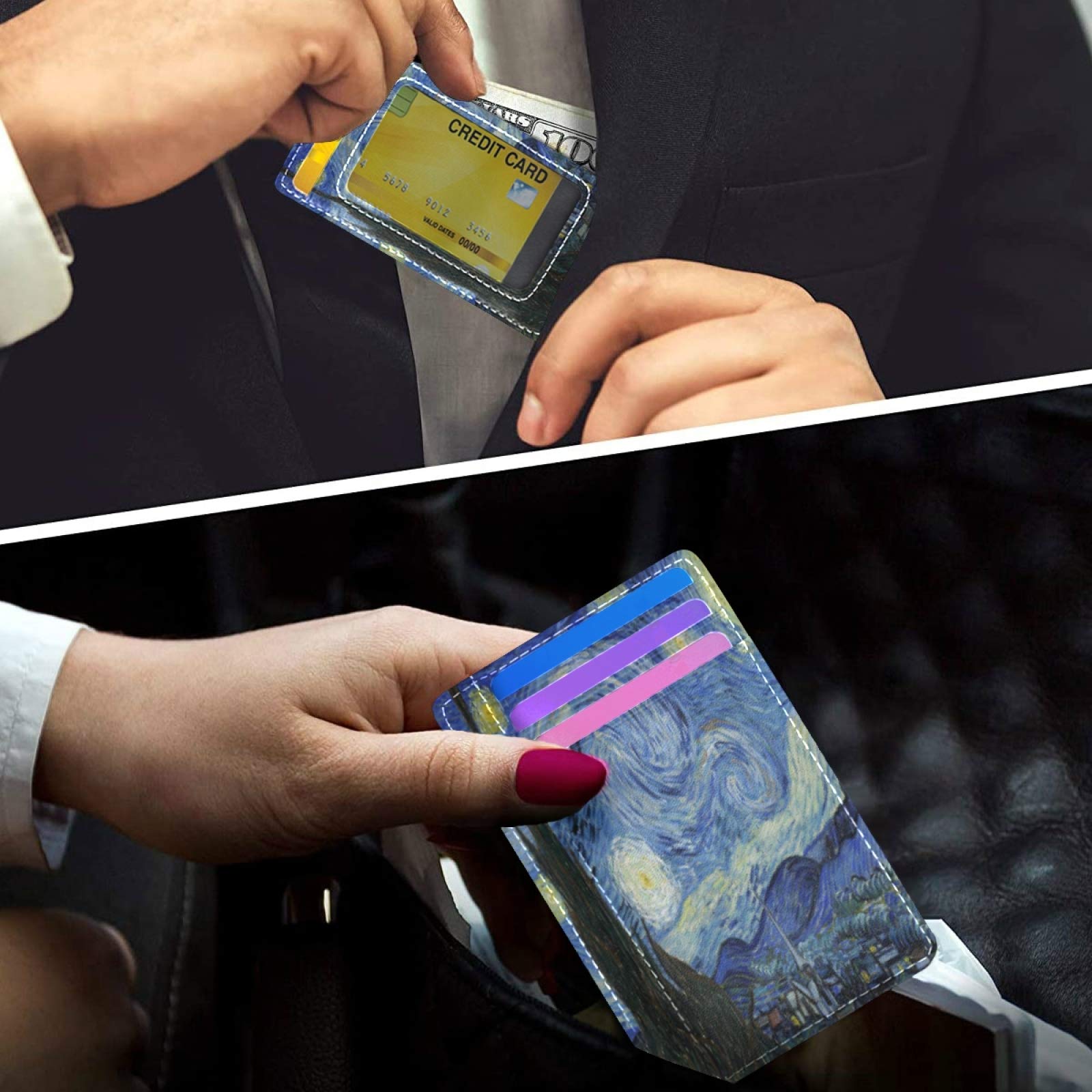 Linomo Thin leather Card Holder and Money Clip Van Gogh Starry Night Art Painting Wallet RFID Blocking for Men & Women