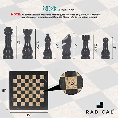 RADICALn 15 Inches Large Handmade Black and Fossil Coral Weighted Marble Full Chess Game Set Staunton and Ambassador Gift Style Marble Tournament Chess Sets