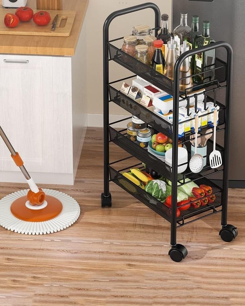 LOSTIS Storage Trolley Rolling Cart Utility Cart 4 Tier Kitchen Storage Cart with Wheels Bathroom Storage Movable Metal Trolley Rolling Cart Storage Rack Kitchen Storage Cart Rolling Storage Cart