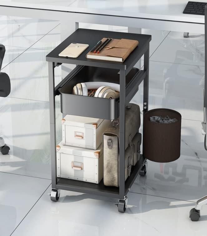 LOSTIS Storage Trolley Rolling Cart Utility Cart Metal Kitchen Storage Cart with Lockable Wheels and Trash Basket Rolling Cart Snack Storage Trolley Bedroom Kitchen Storage Cart Rolling Storage Cart