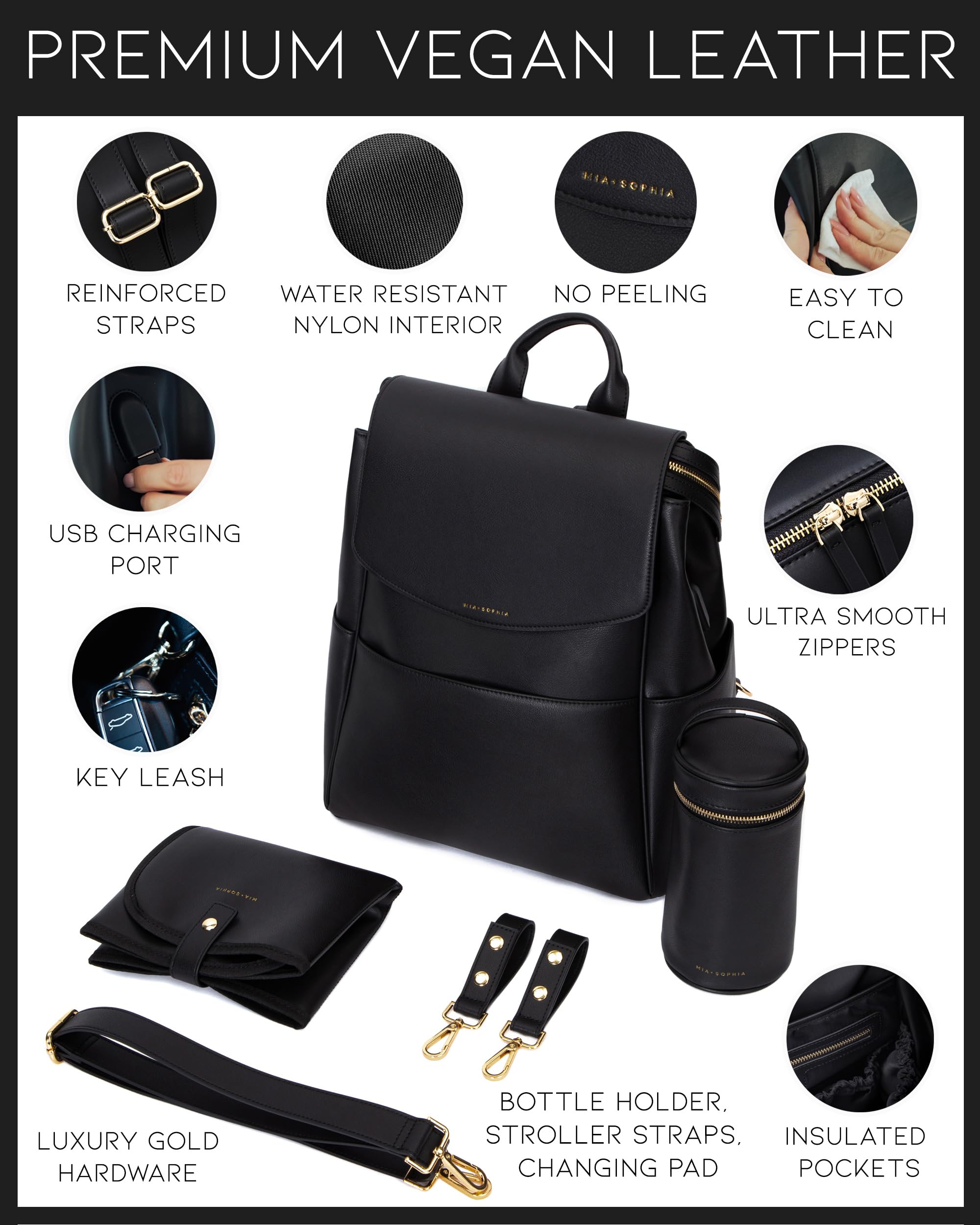 MIA + SOPHIA Leather Diaper Bag Backpack with Changing Pad, Stroller Straps, Bottle Holder (Black Olivia)