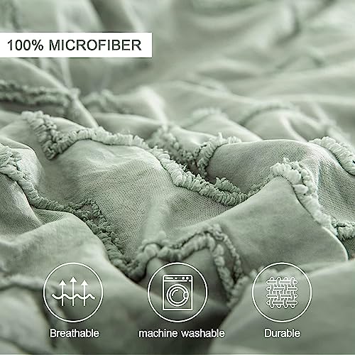 Green Tufted Comforter Set Cal King Size (102×96 inches), Boho Shabby Chic Comforter Geometry Embroidery Bedding Set 3 Pieces (1 Comforter + 2 Pillowcases), Soft Microfiber Comforter for All Seasons