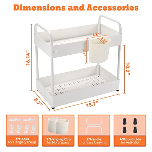 Kitchen Storage, Under Sink Organizer, NAYAHOSE 2 Tier Bathroom Storage Organizer Countertop with 4 Hanging Cups, 2 Handles, Under Cabinet Storage Tray Organize Holder, Makeups, Spices(white)