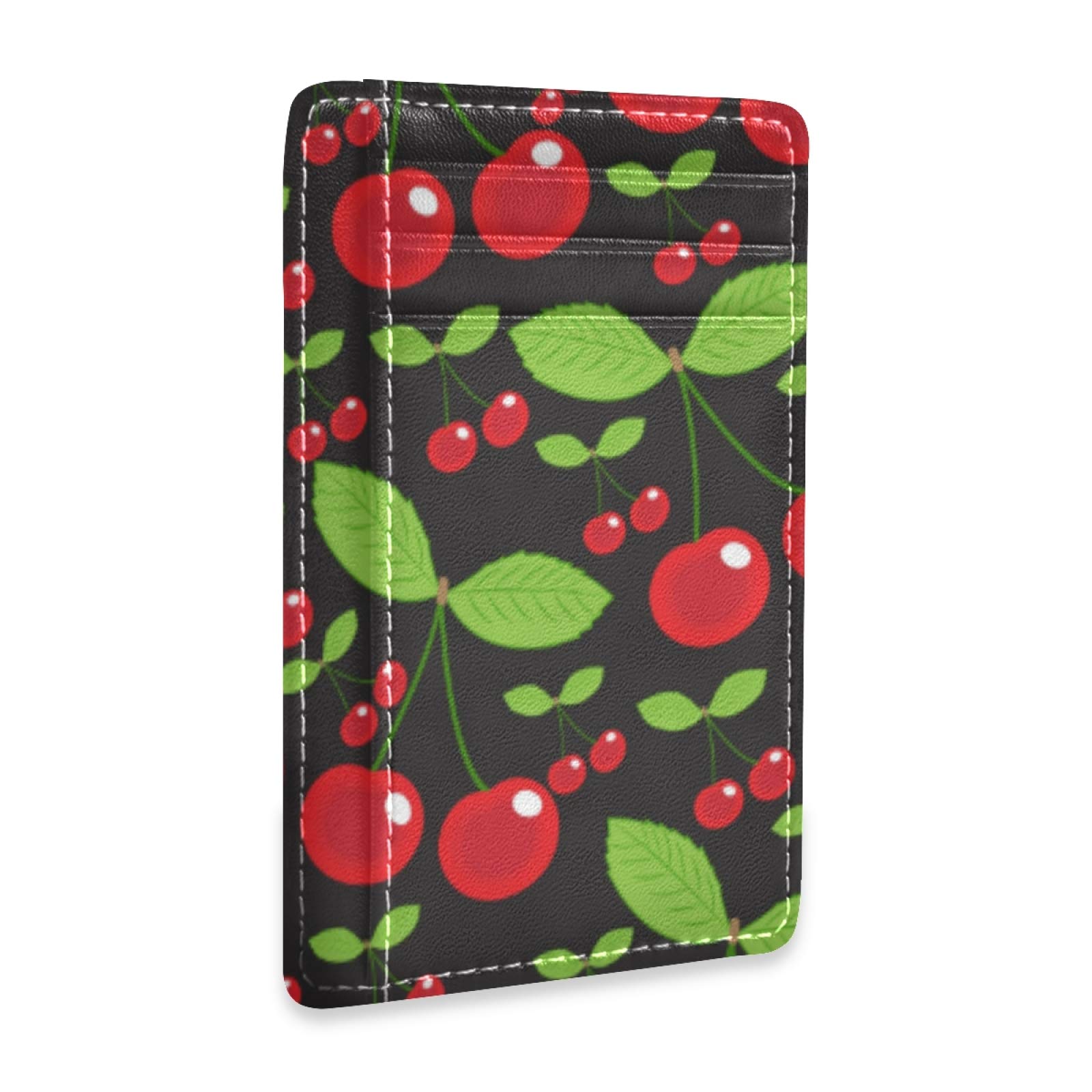 Linomo Thin leather Card Holder and Money Clip Red Cherry Pattern Wallet RFID Blocking for Men & Women