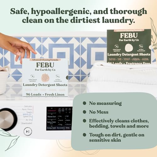 FEBU Eco Friendly Laundry Detergent Sheets | 96 Loads, Fragrance Free | 6x More Cleaning Power With Only 8 Plant-Based Ingredients | Hypoallergenic Laundry Sheets | Zero Waste Laundry Soap Sheets