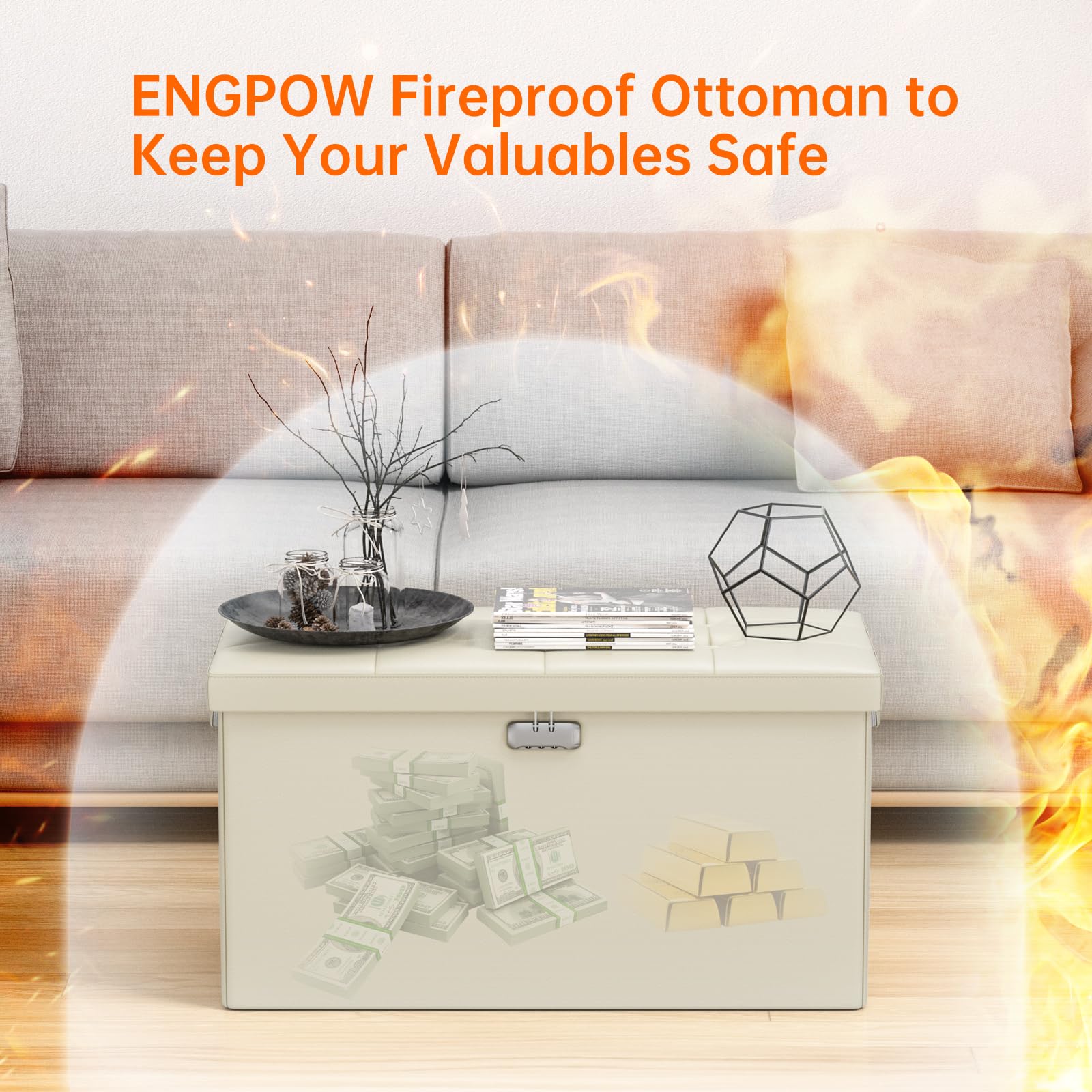 ENGPOW Storage Ottoman with Lock,Fireproof & Waterproof Folding Ottoman Storage Stool Storage Chest with Handle & Zippers Safe for Living Room, Bedroom, Home Office,Dorm,17"x 13"x 13",Beige