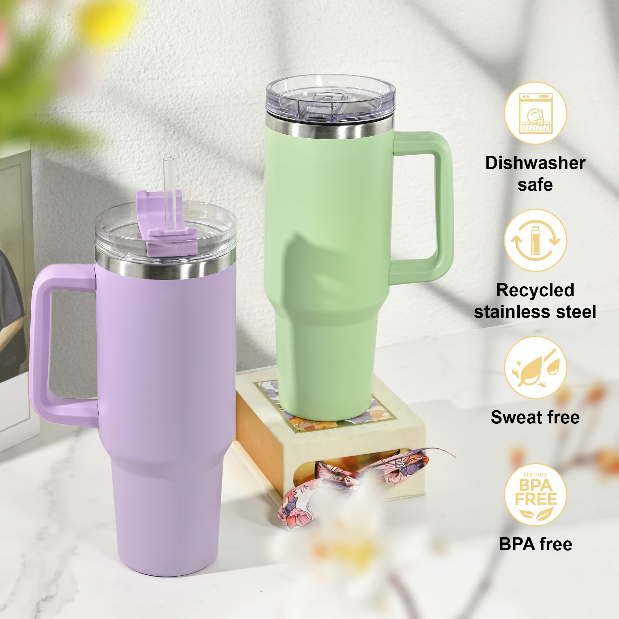 FECBK 40 oz Cow Tumbler with Handle and Straw, 100% Leak-Proof Travel Mug, Stainless Steel Double Wall Vacuum Insulated Coffee Cup Keeps Cold For 34 Hours, White Cow