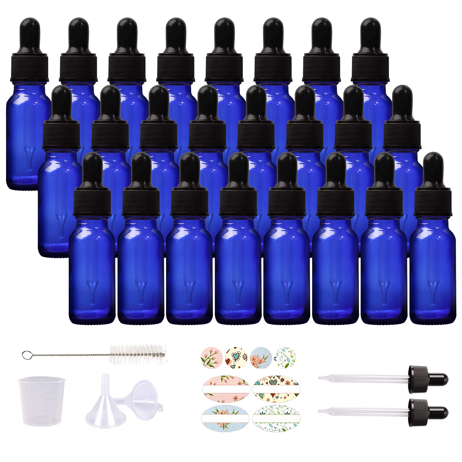 HWASHIN 24 Pack 1/2 oz Cobalt Blue Glass Bottles with Glass Eye Droppers for Essential Oils, Perfumes & Lab Chemicals (Brush, Funnels, 2 Extra Droppers, 36 Pcs Labels & Measuring Cup Included)