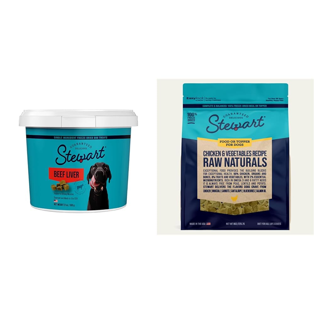 Bundle of Stewart Single Ingredient Freeze Dried Dog Treats, Beef Liver, 21 Ounce Resealable Tub + Stewart Raw Naturals Freeze Dried Dog Food, Chicken & Vegetables Recipe, 8 Ounce Bag