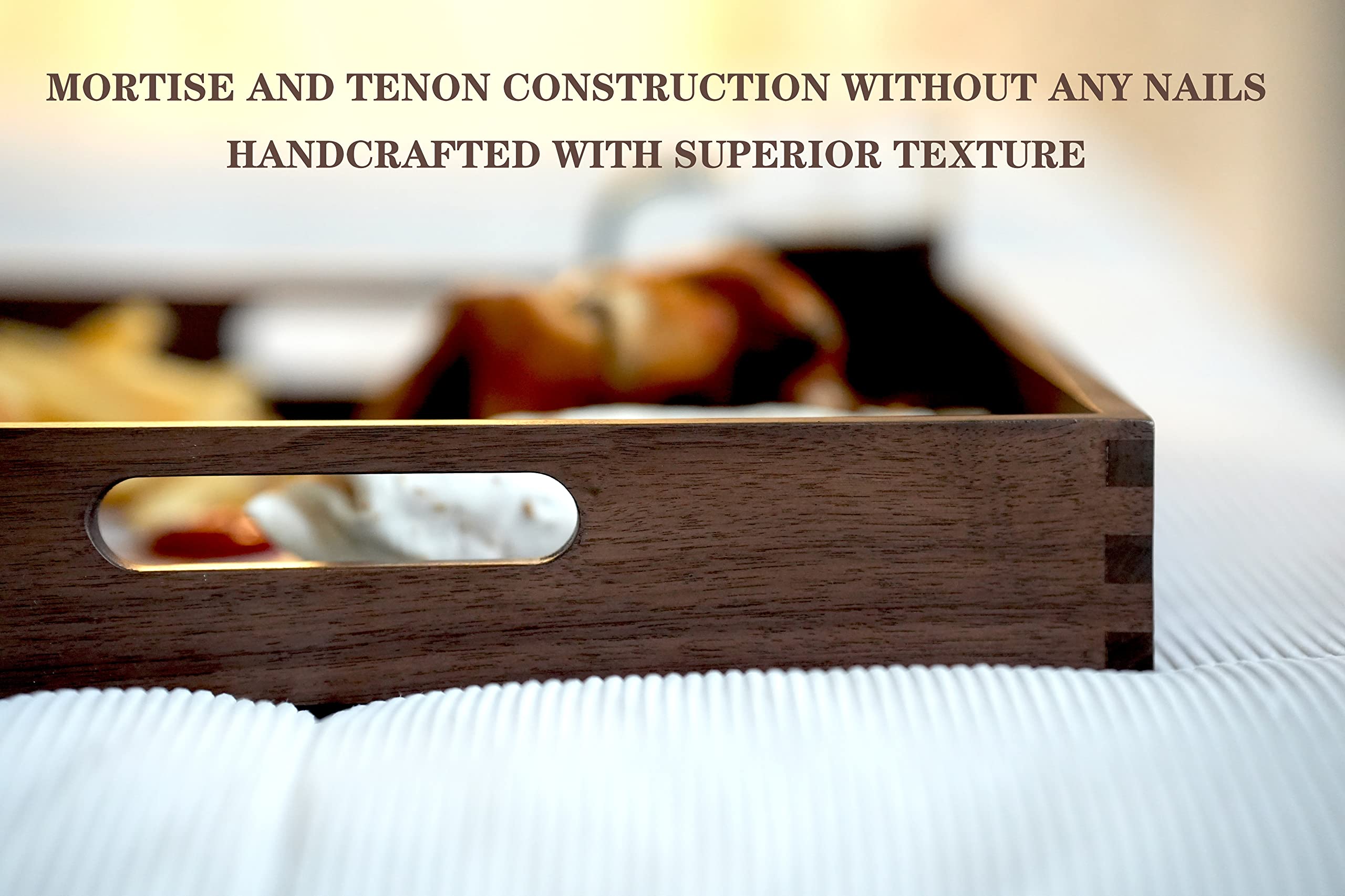 CRAZYWOOD 13.6x13.6 Inches Walnut with Carry Handle Black Ottoman Tray Serve Tea Coffee or Breakfast in Bed Classic Wooden Decorative Serving Tray Decorative Serving Tray