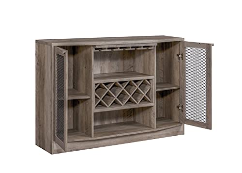 Home Source Bar Cabinet with Curved Wire Mesh Doors in Stone Grey Finish