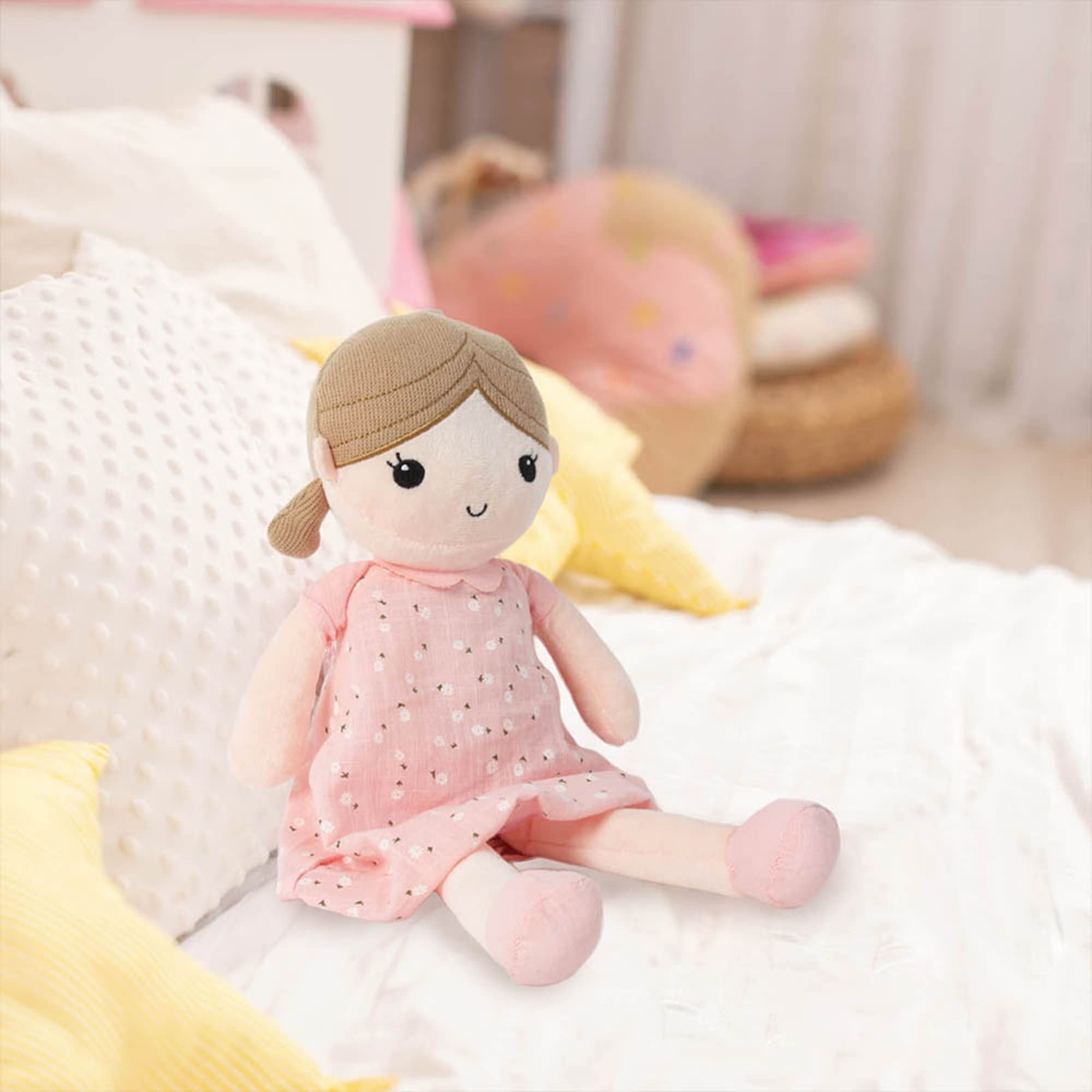 Linzy Toys, Soft Plush Light Pink Blue Emily Rag Doll for Girl, 15" My First Rag Doll, Muñecas de Trapo para Niña, Embroidered Face, Safe for All Ages (89835)