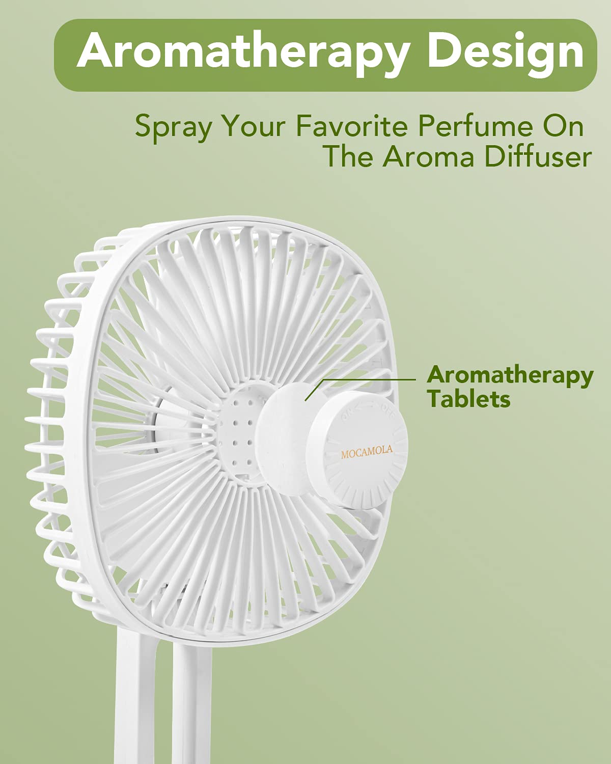 MOCAMOLA Small Desk Fan, Aromatic Desigh With Quiet 3 Speeds Wind, USB Powered With Portable Adjustable Mini Fan For Home, Office, Travel, Camping, Outdoor, Indoor, Car, 4.9 Inch White