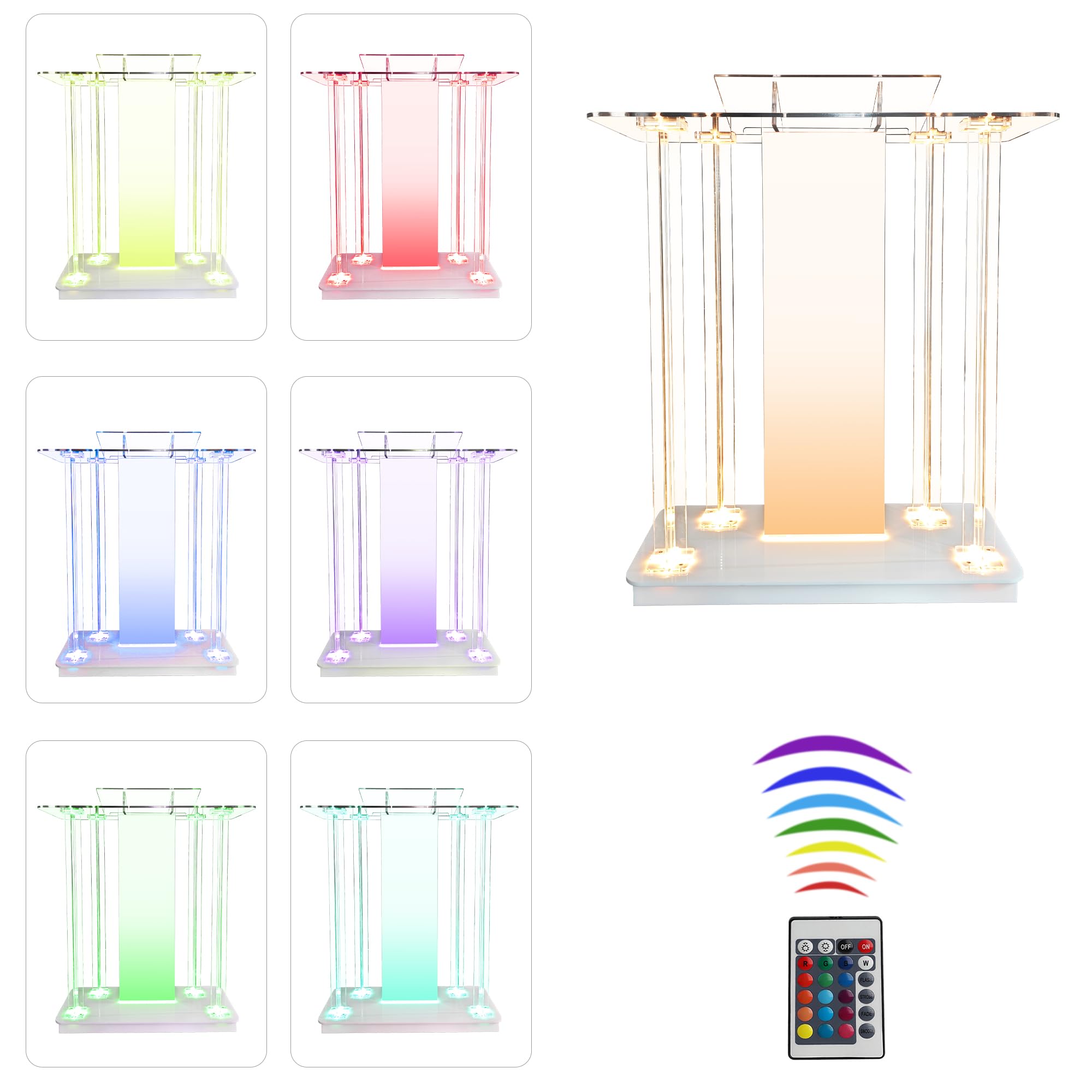 Clear Podium Stand - Acrylic Pulpits for Churches with Led Light, Professional Portable Presentation Podium Lectern with Wide Reading Surface for Restaurants, Weddings, Office and Classrooms