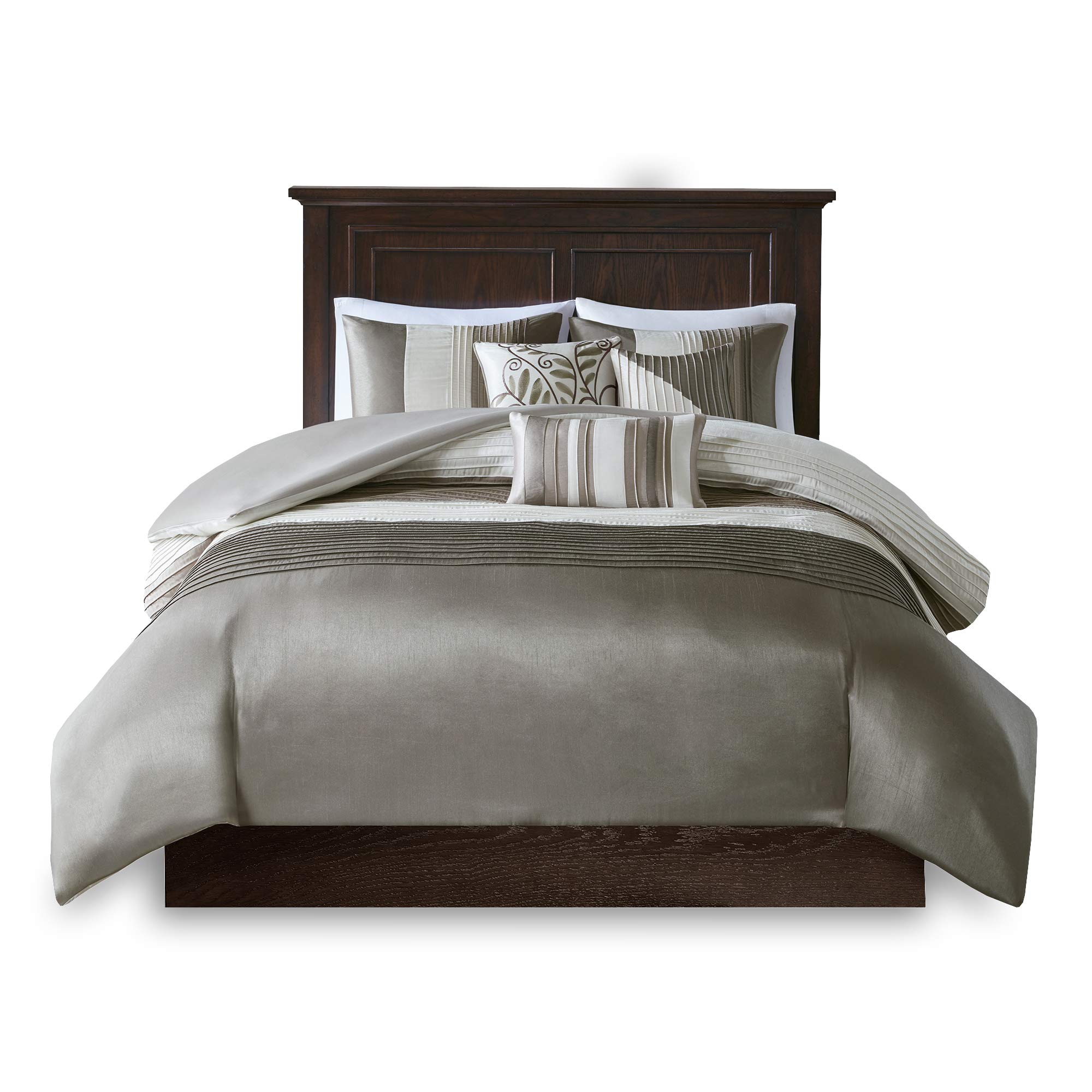 Madison Park Amherst Size-Khaki, Ivory, Stripes Duvet Set β 6 Piece β Ultra Soft Microfiber Light Weight Bed Comforter Covers, King/Cal King(104"x92"), Natural