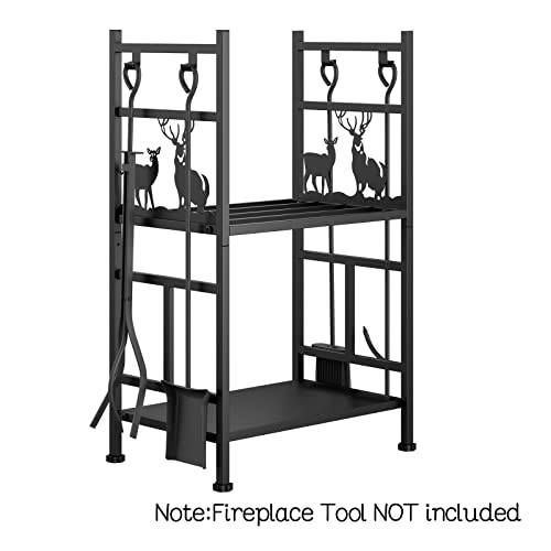 Firewood Rack, 2 Tiers Fireplace Tool Rack Wrought Iron Firewood Log Storage Rack Holder for Indoor Outdoor Fireplace, Fire Pit, Stove (Deers)