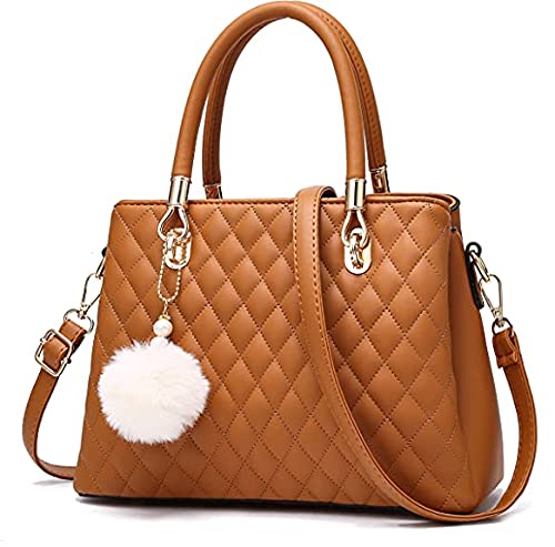 Womens Leather Handbag Purses Top Handle Quilted Shoulder Bag Totes Satchel for Ladies with Pompon
