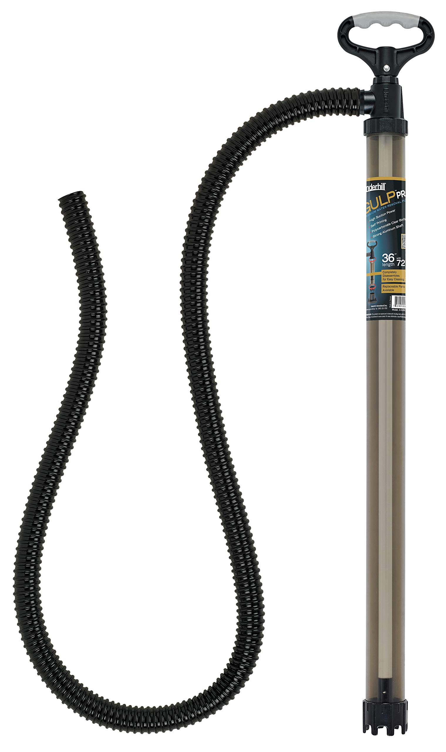 Underhill Siphon Suction Water Pump with Hand Manual Plunger 36" Length with 72" Outlet Hose, For Irrigation, Sprinkler, Fluid Transfer, Super High Capacity Water Removal, Big Gulp Pro, A-G3672CK
