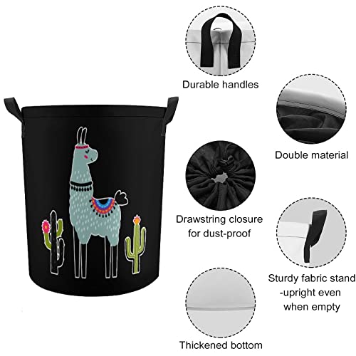 Cute Llama with Cactus Laundry Basket Round Collapsible Storage Bin with Drawstring and Handle for Bedroom Bathroom Toys Room 17.3" X 13.8"