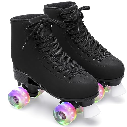 FEETCITY Womens Roller Skates High-Top Double-Row Leather Roller Skates for Girls Boys for Indoor Outdoor Size 9 Black