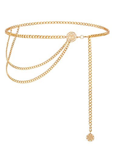 FIORETTO Chain Belt for Women Metal Waist Belts Fashion Multilayer Chain Belts for Dress Sun Gold Length 47in