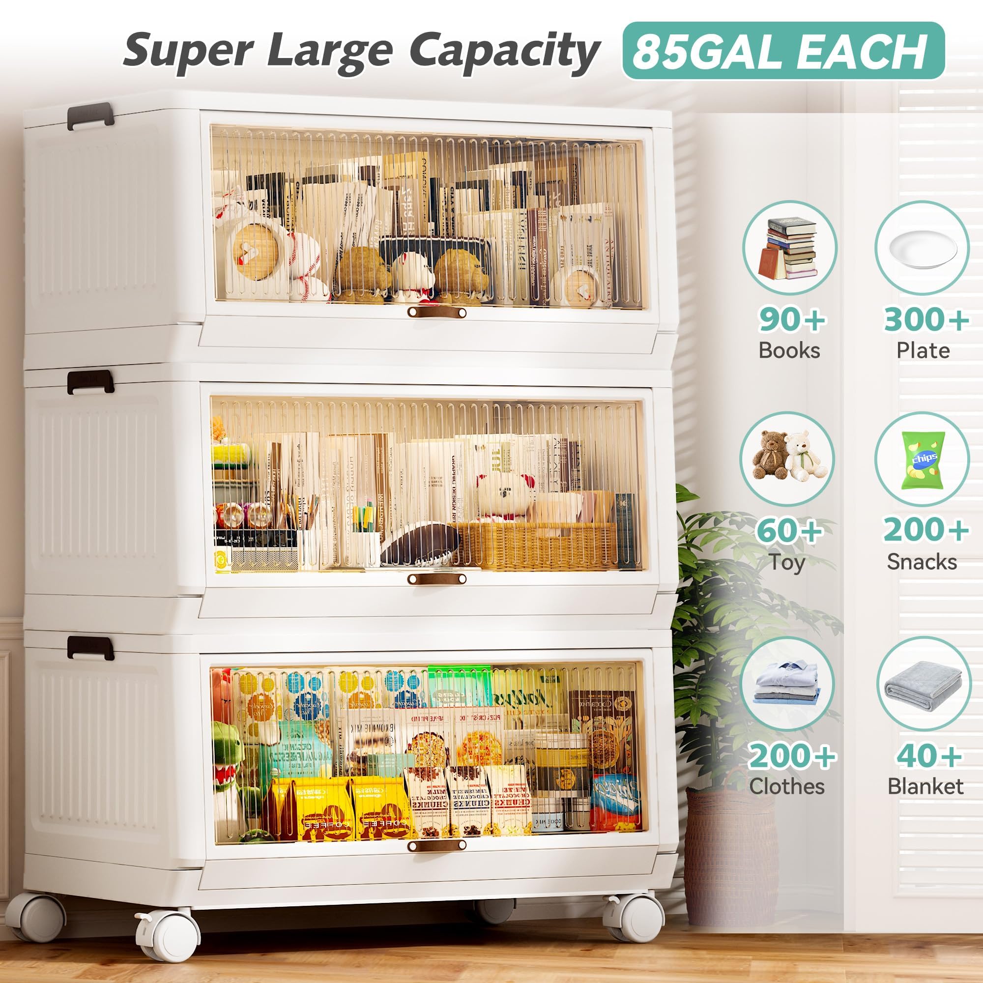 EnHomee 85GAL/283QT Stackable Storage Bins with Lids, 3 Packs Plastic Collapsible Storage Bins for Closets, Folding Storage Box with Doors and Wheels,Stackable Storage Organizer Bedroom, Office