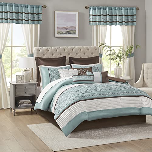 Madison Park Essentials Jelena Room in A Bag Faux Silk Comforter Classic Luxe All Season Down Alternative Bedding, Matching Bedskirt, Curtains, Decorative Pillows, Queen(90"x90"), Seafoam 24 Piece