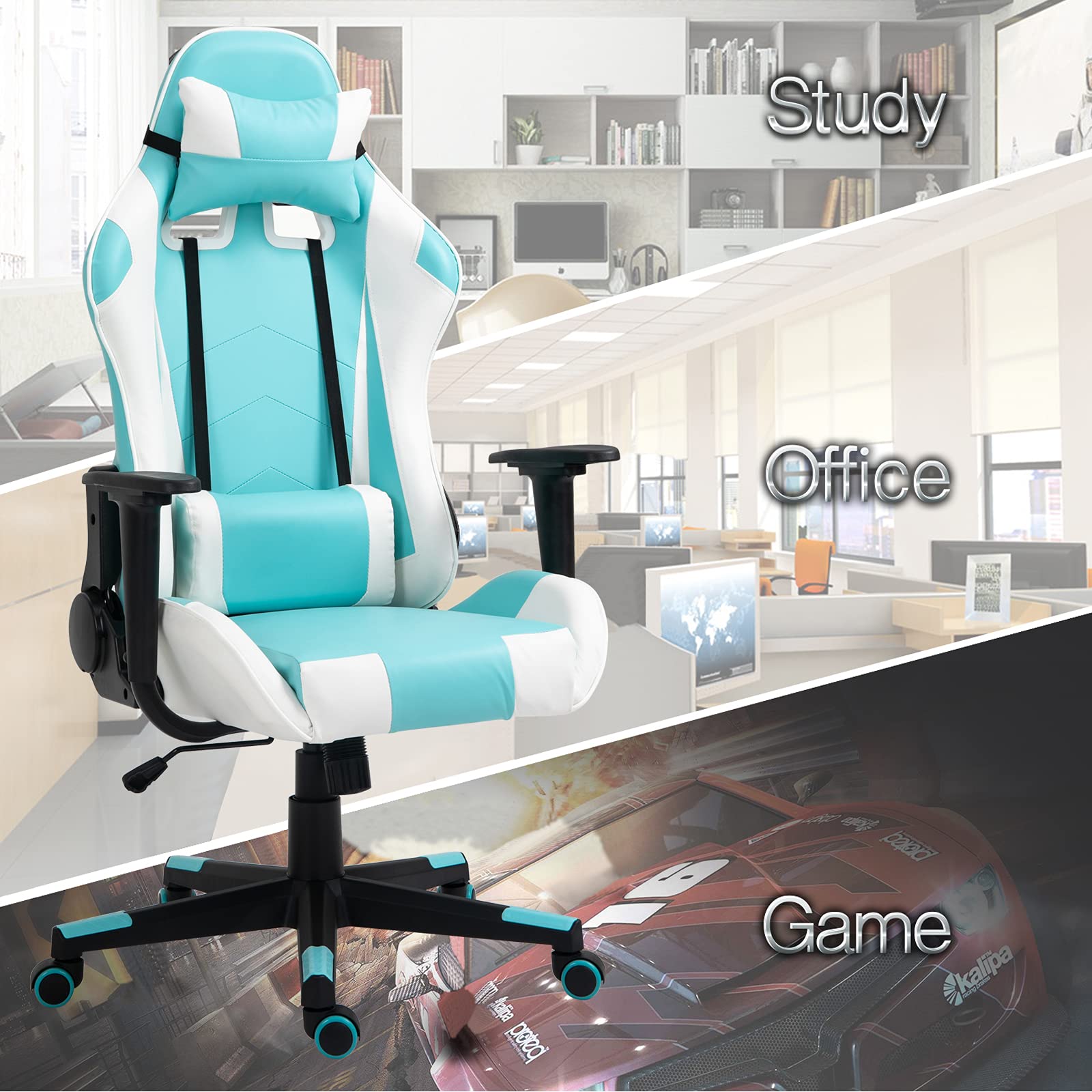 Modern-Depo High-Back Swivel Gaming Chair Recliner with Lumbar Support and Headrest, Height Adjustable Ergonomic Office Desk Chair, Blue White
