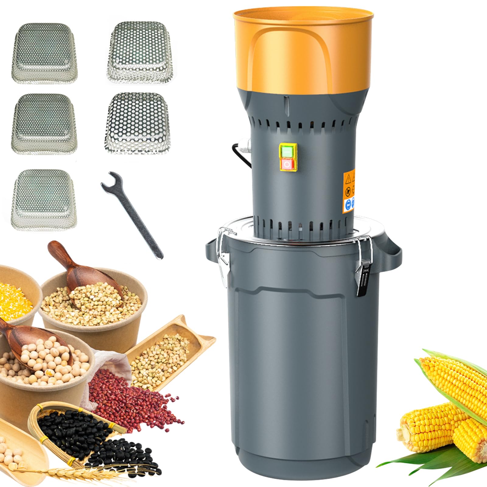 Eachbid 25L Grain Mill Grinder, 1300W Electric Grain Grinder Mill, Detachable 6.6 Gal Bucket & Hopper, with 5 Grinder Sieves+1Wrench, Feed Mill Dry Cereals, Corn Grinder, Wheat Grinder, Molino de Maiz
