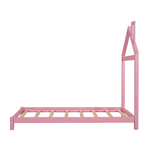 FIQHOME Twin Size Wood Platform Bed with House-Shaped Headboard,Toddler Floor Bed with Solid Wood Slats,Twin Platform Bed Frame for Girls Boys,No Box Spring Needed(Pink)