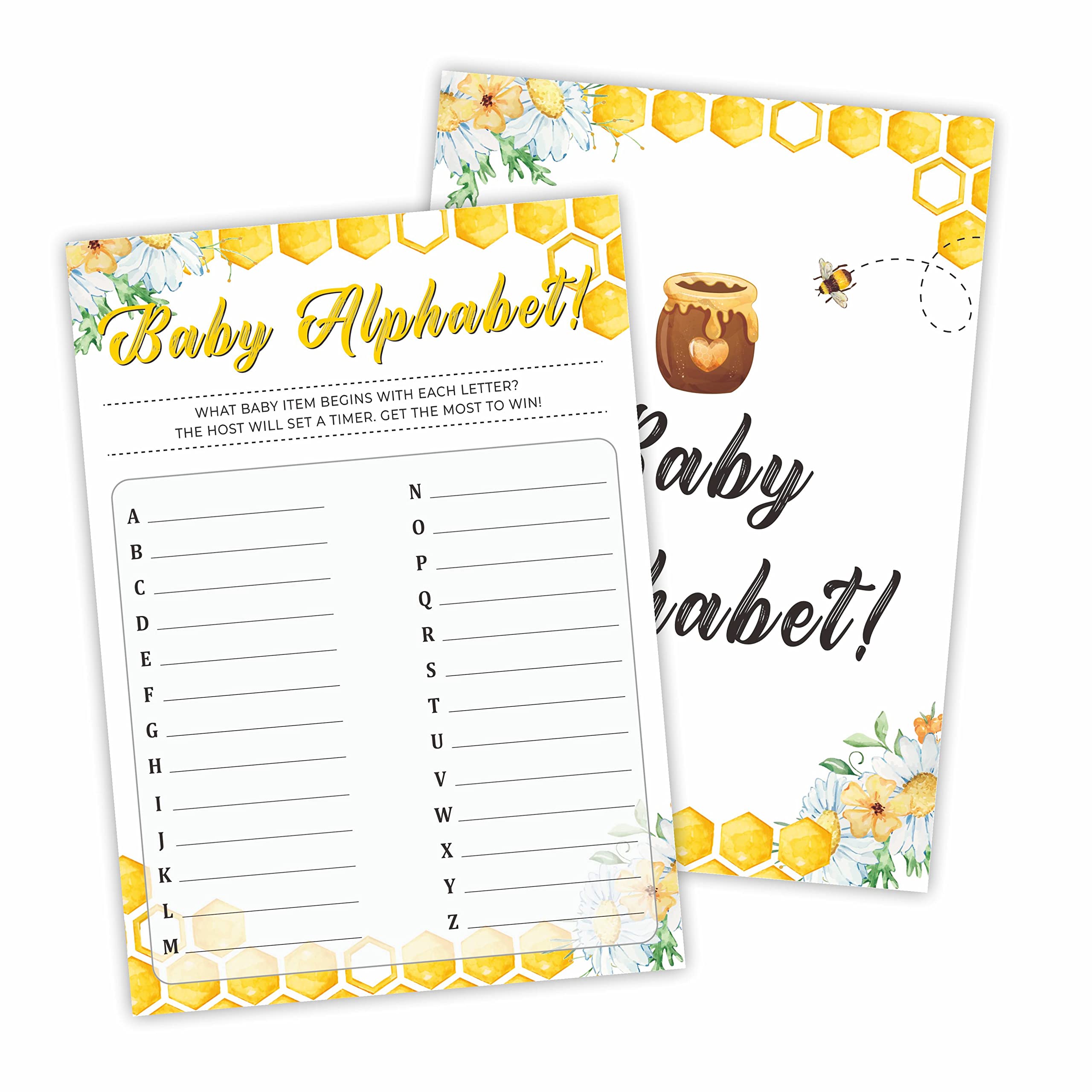 DYIRBIIY Honey Bee Themed Baby Shower Game Cards, Baby Alphabet Double Sided - 30 in Pack (5 X 7 inches)-(BABYYX-003)