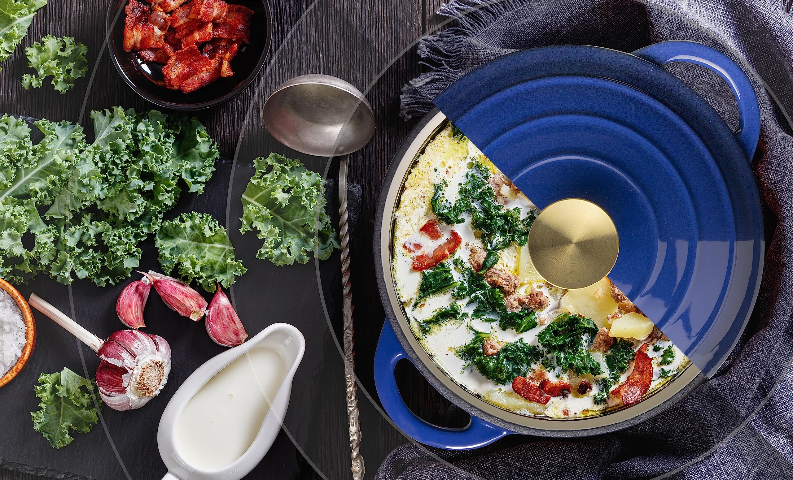 Enameled Cast Iron Dutch Oven - 5qt Dutch Oven Pot with Lid and Steel Knob - Cast Iron Cookware with Loop Handles for Gas, Electric & Ceramic Stoves - Blue Enamel Dutch Oven for Cooking & Baking
