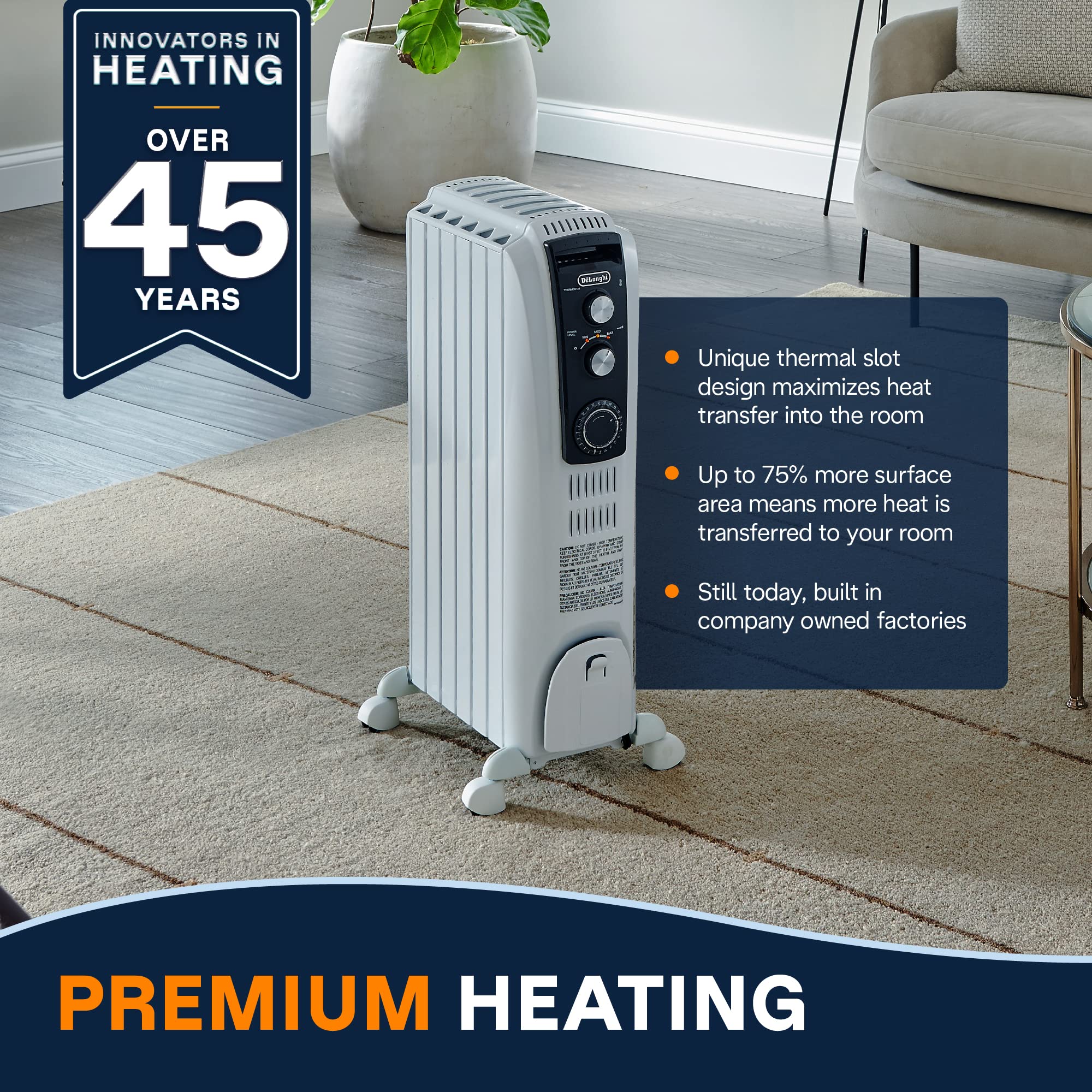 De'Longhi Dragon Oil Filled Radiator Heater, 1500W Electric Space Heater for indoor use, portable room heater, programmable timer, full room heater with safety features, TRD40615T
